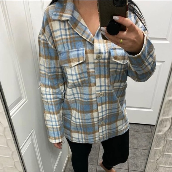 Jackets & Coats | Brand New Pastel Blue Flannel Shacket Overcoat Plaid ...